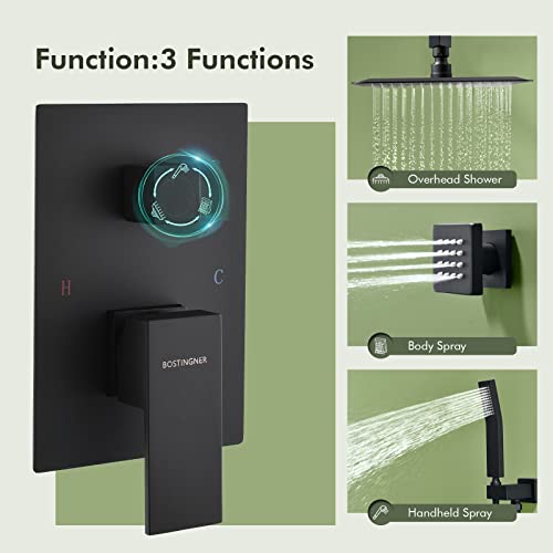 Bostingner Black Shower System with Body Spray Jets 10 Inch Rainfall Shower Ceiling Mounted Full Body Shower System Contain Rough-in Shower Valve, Matte Black