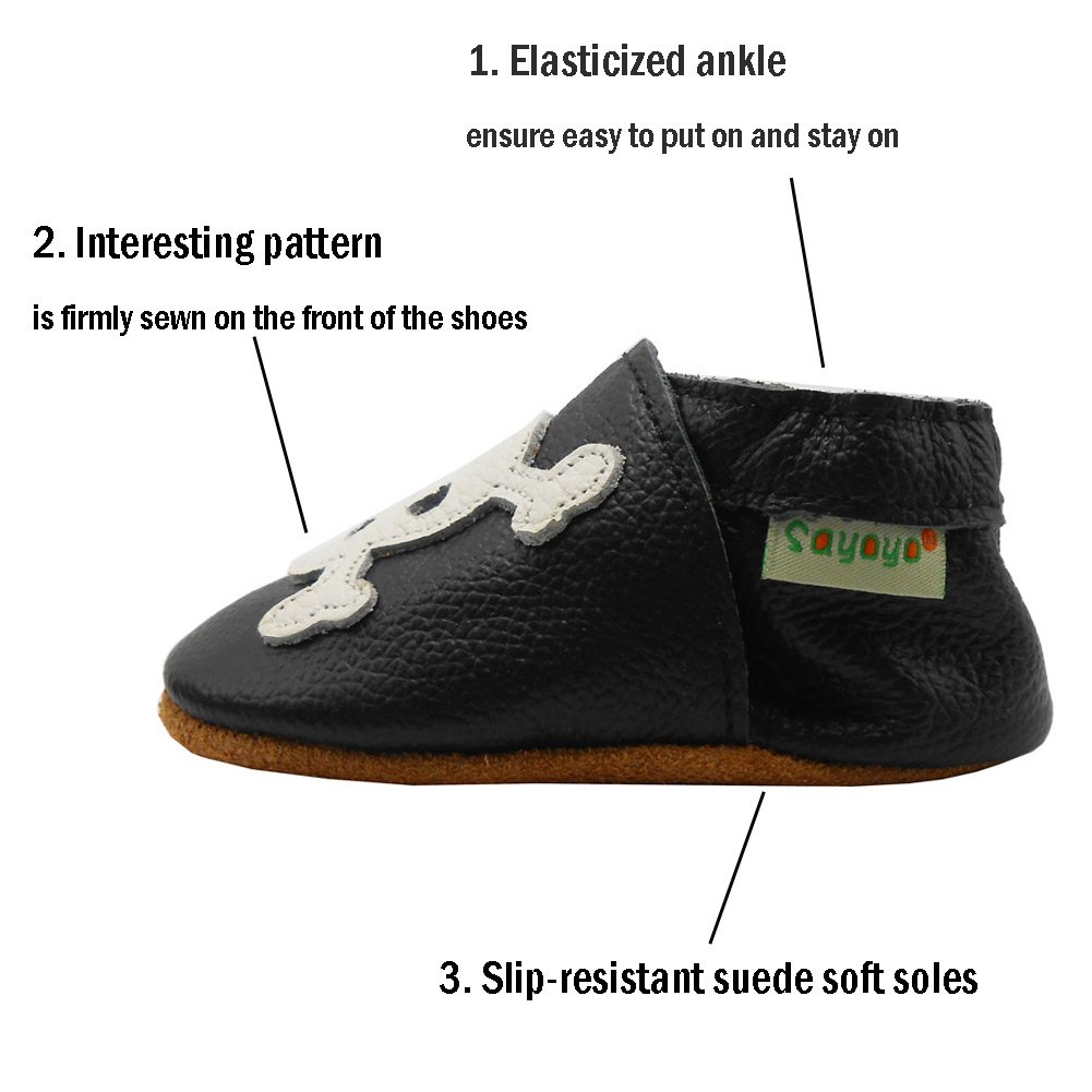 SAYOYO Baby Skull Soft Sole Black Leather Infant and Toddler Shoes 0-6months