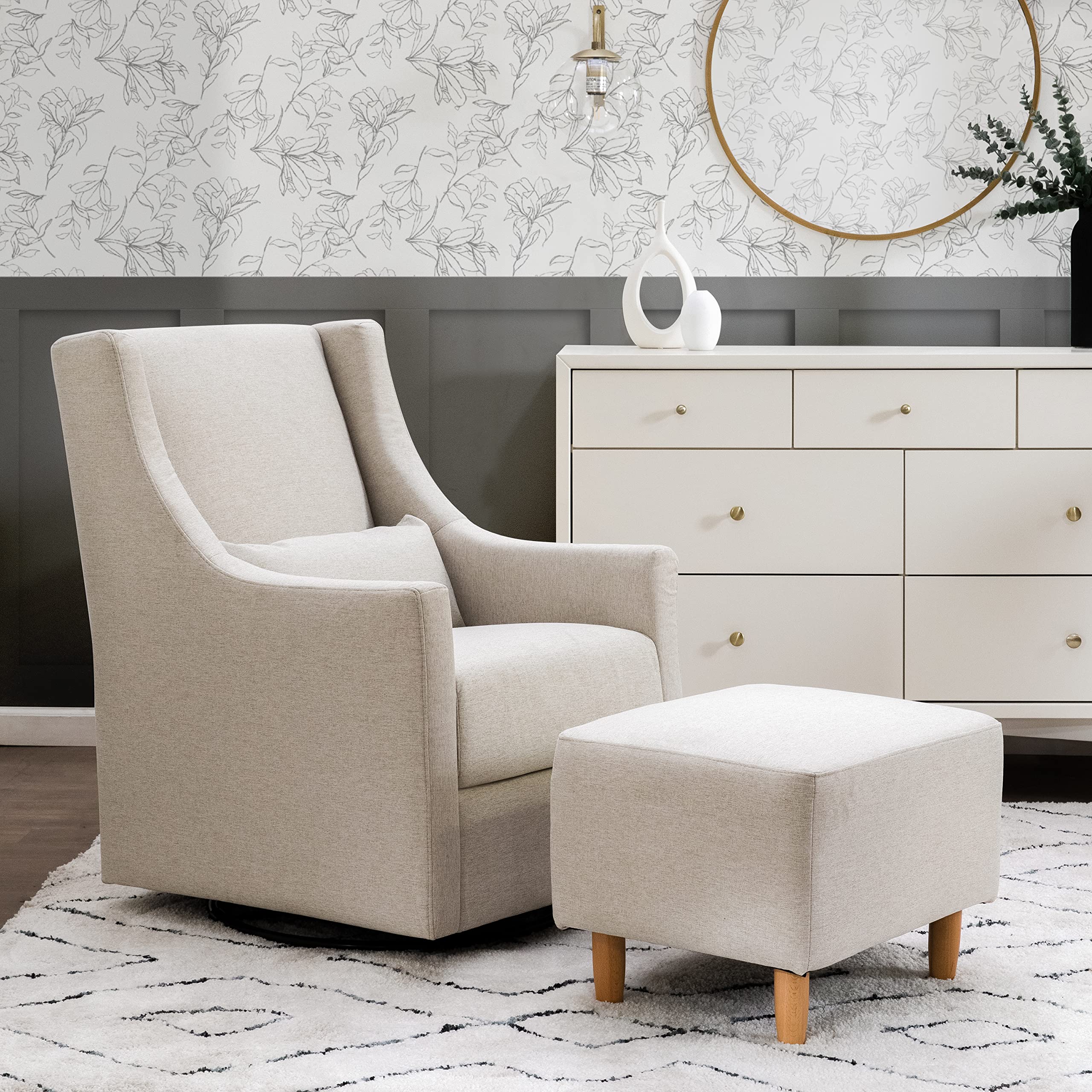 Babyletto Toco Upholstered Swivel Glider and Stationary Ottoman in Black White Boucle, Greenguard Gold and CertiPUR-US Certified