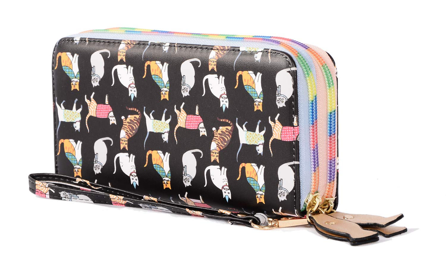 Ecohaso Womens Wallet, Large Capacity Cellphone Wallets Cute Cat Pattern, Double Zipper Long Leather Wristlet Clutch Purse