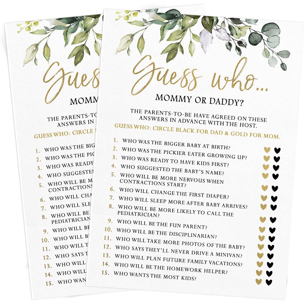 Printed Party Baby Shower Games for Boy or Girl β 4 Games and Activities, Botanical Greenery Theme, 30 Guests