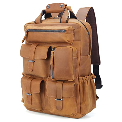 Cowhide Leather Multi Pockets 16 Inch Laptop Backpack Day Pack Travel Bag (Light Brown(Updated Version))