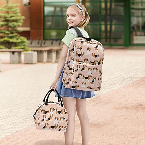 CHIFIGNO Beagle Dogs Kids Backpack Elementary Girls Boys Book Bag Casual Daypack Primary School Bag Backpack Set with Insulated Lunch Bag