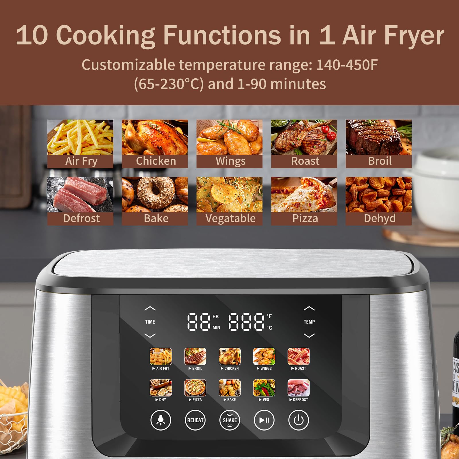 SEEDEEM Max XL Air Fryer, 8 Quart, 10-in-1 Hot Air Fryer Oven with Color LCD Display Touchscreen, Air Fryer Toaster Oven Combo with ClearCook Cooking Window,Broil, Roast, Dehydrate, Bake, Silver