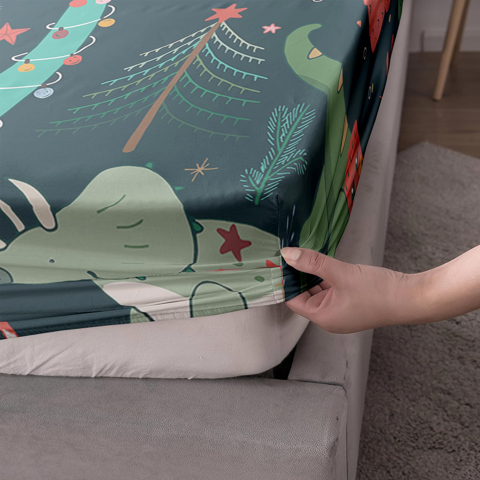 QOOMO Cartoon Dinosaur Sheets Set Queen Size,Dinosaurs Kids Sheets Set Set,Christmas Dinosaurs Printing Bedding Ultra Soft,Ultra Sheets Set Queen Size 1 Fitted Sheet, 1 Flat Sheet, 2 Pillow Cases