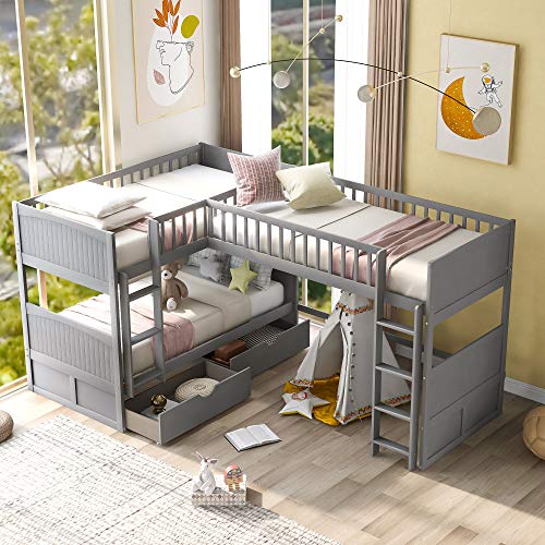 Harper & Bright Designs L-Shaped Twin Size Bunk Bed and Loft Bed with Two Storage Drawers and Guardrail (Grey)