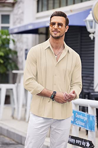 COOFANDY Men's Linen Shirts Casual Cuban Guayabera Shirt Long Sleeve Beach Shirts Beige