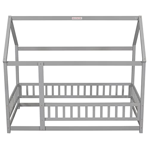 DEYOBED Twin Size Wooden Bed with House Roof Frame and Fence Guardrails, Twin Size Floor Bed Frame for Children - Gray Floor Bed
