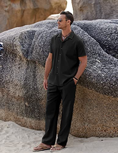 COOFANDY Mens Coordinated Outfit Linen Beach Casual Cuban Button Up Shirts Drawstring Pants, Black, X-Large