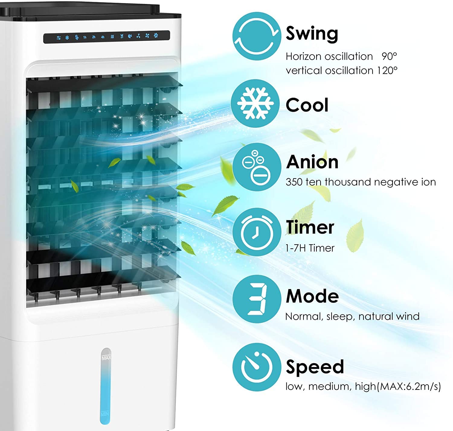 Portable Air Conditioner, 4-IN-1 Evaporative Air Cooler, with 4 Modes 3 Speeds, 1-7H Timer and Negative Ion Function, Portable Air Cooler with 1.35 Gallon Water Tank & 90°Oscillation, Remote Control for Home and Office [Energy Class A++]