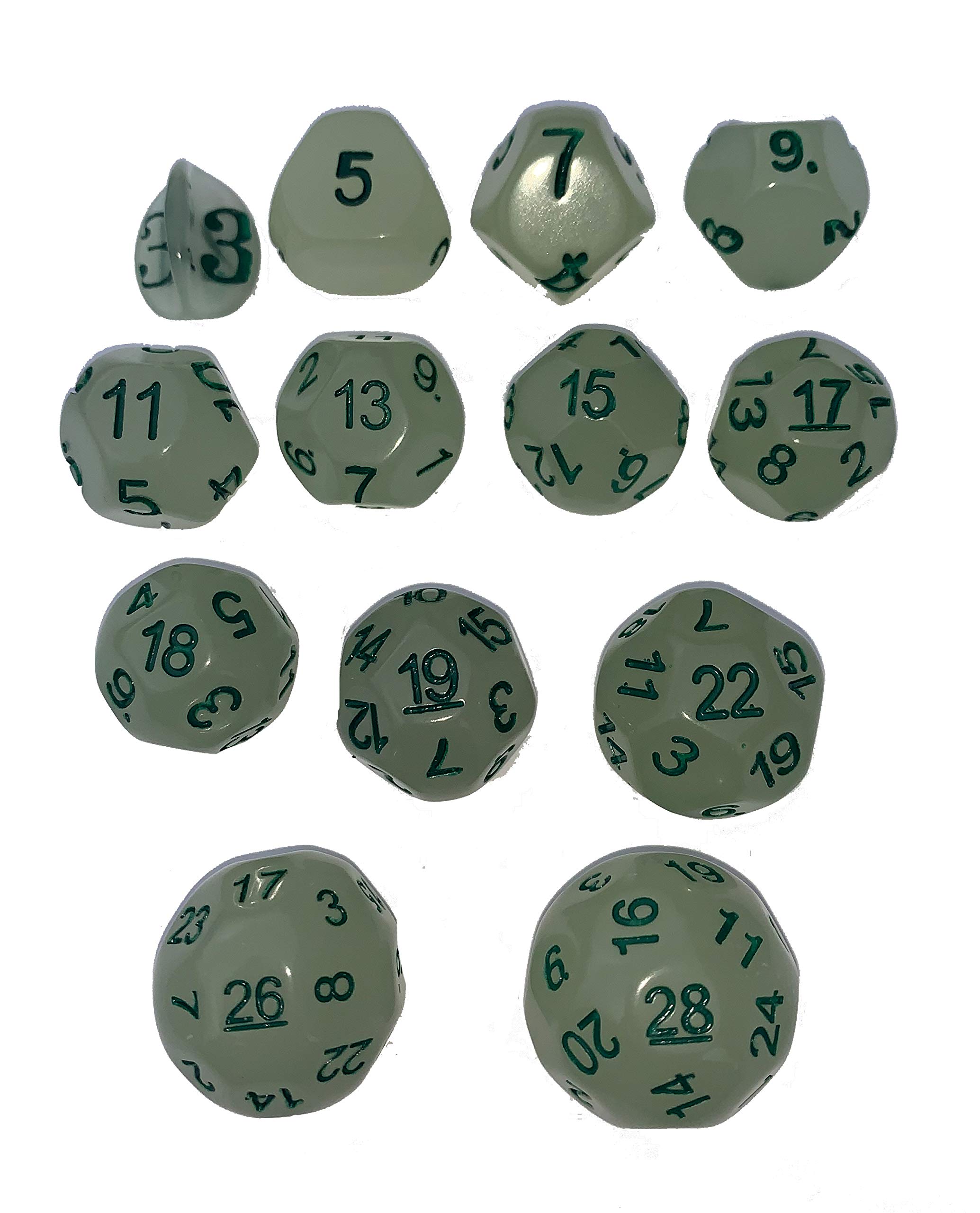 Impact! Miniatures Glow in The Dark - Weird RPG Poly Dice Set - D3, D5, D7, D9, D11, D13, D15, D17, D18, D19, D22, D26 & D28
