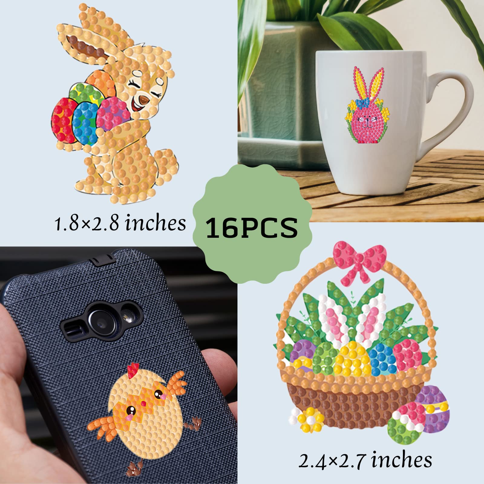 DERFILIN 16PCS Diamond Painting Stickers Set for Kids, 5D Easter Eggs Bunny Mosaic Stickers, DIY Creative Crafts for Boys and Girls Gem Art Set
