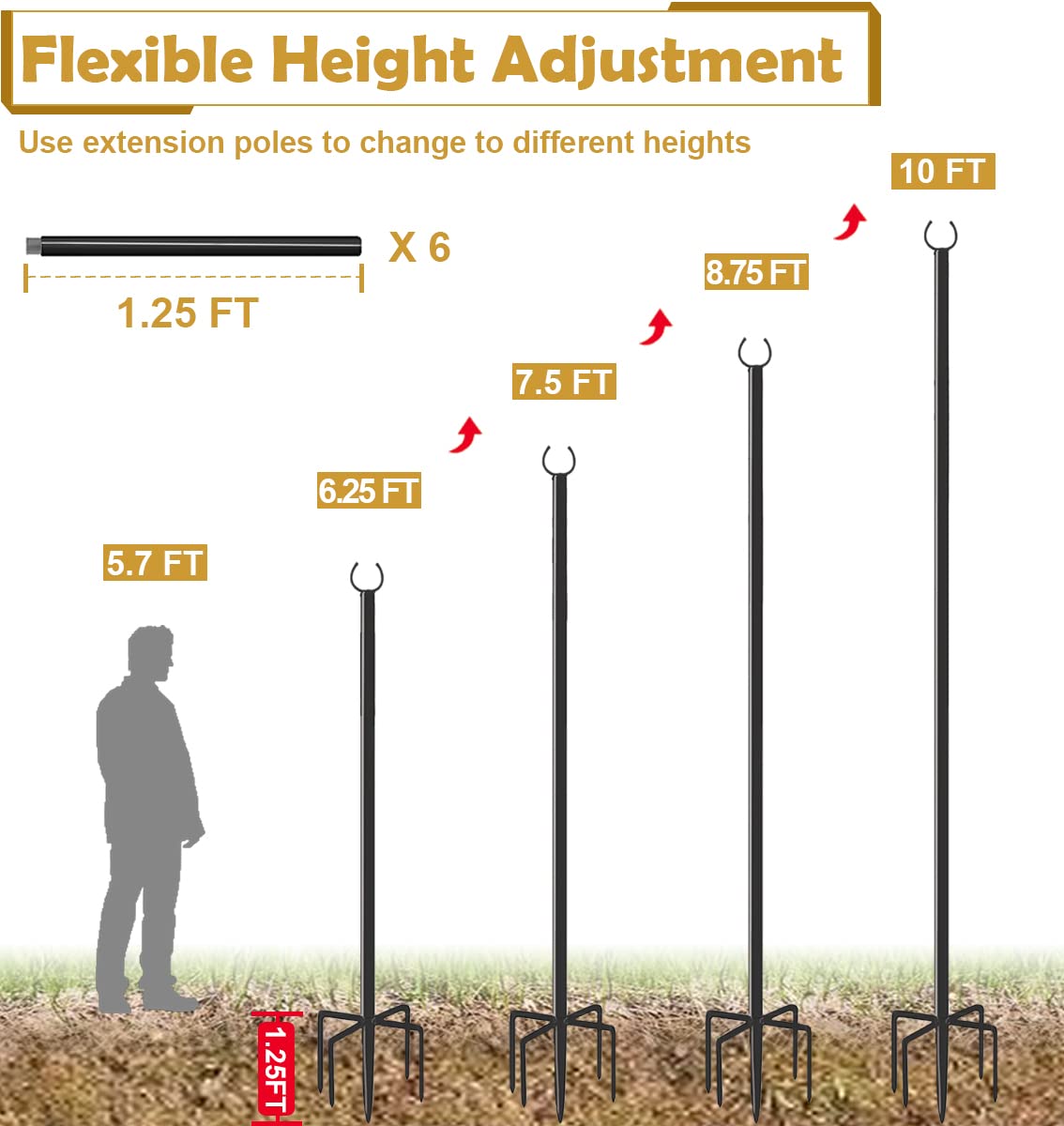Derkniel 10 FT Outdoor String Light Pole Stand for Garden Lawn, Adjustable Globe Patio Light Post for Hanging Outside Decorate Lighting, 1 Pack