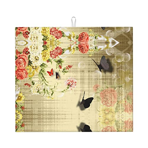 Flowers Butterfly Printed Drying Mat For Kitchen Ultra Absorbent Microfiber Dishes Drainer Mats Non-Slip Silicone Quick Dry Pad - 18 X 16inch