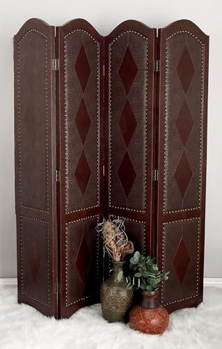 Deco 79 Faux Leather Scroll Partition Room Divider Screen Hinged Foldable Partition 4 Panel Privacy Screen with Faux Leather Detailing, Room Partition 64" x 1" x 71", Brown