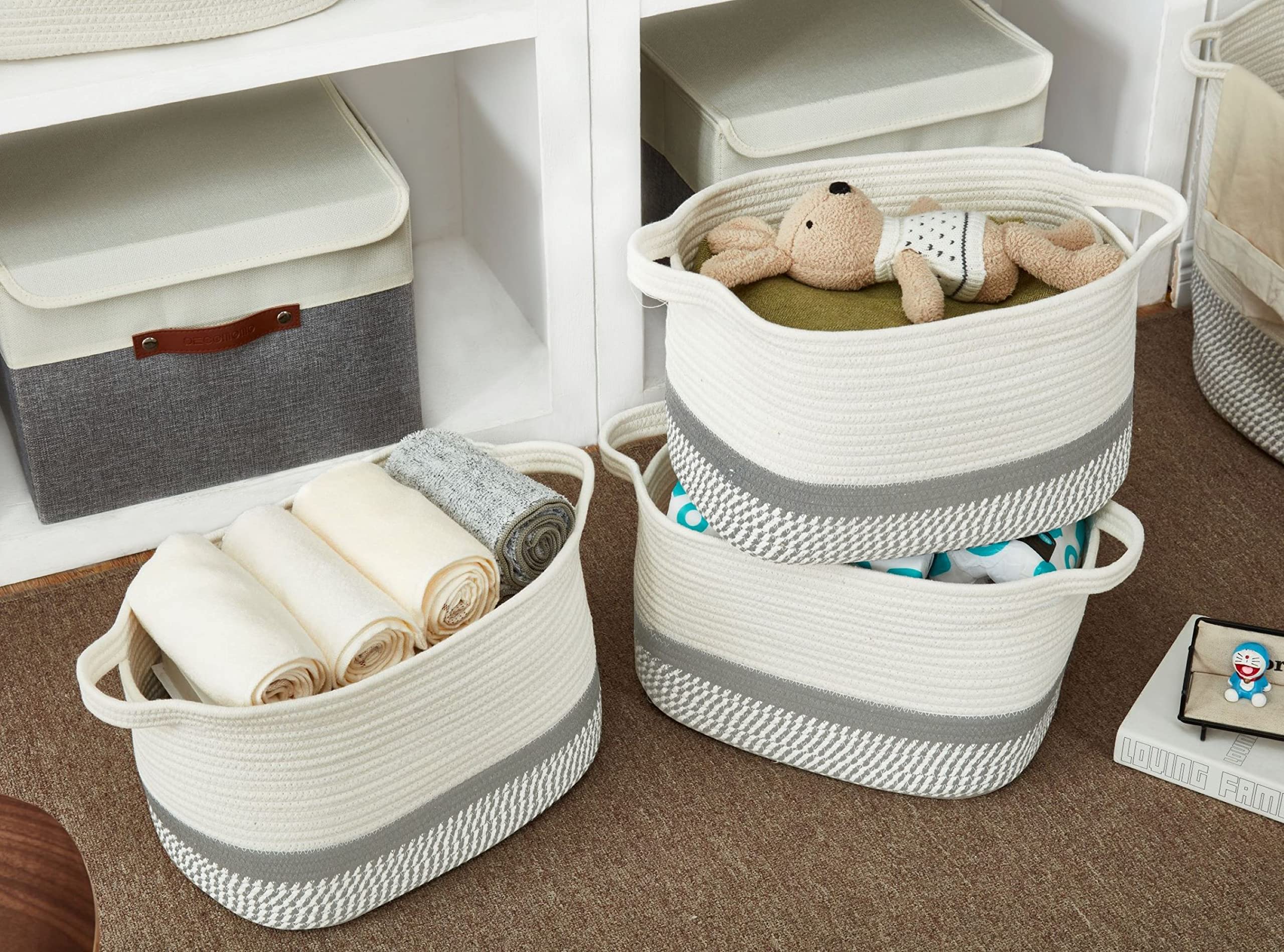 DECOMOMO Woven Baskets for Storage | Large Decorative Cotton Rope Basket for Organizing Baby Toy Book Nursery Kids Laundry Organizer 15" x 11" x 10" (Grey, Large – Set of 3)