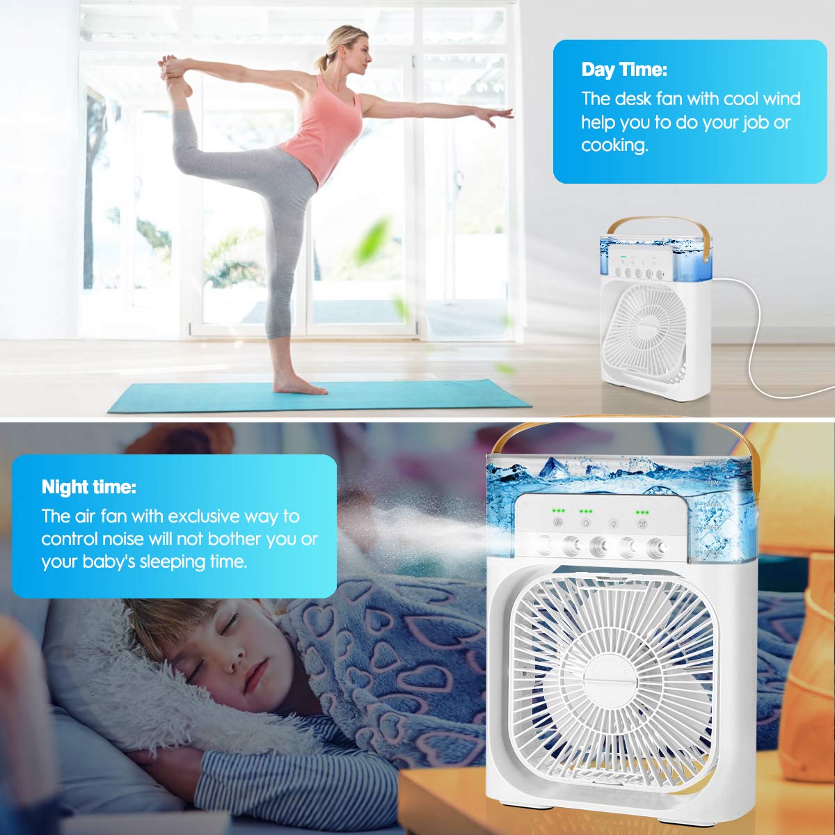 Portable Air Conditioner Fan,900ML Personal Air Conditioner with Ice Tray,5in1 Timming Evaporative Air Cooler,Cooling Fan with 7 Colors Light, 5 Sprays,3 Speeds,Ac Fan for Small Room,Office,Car,Camp (White)
