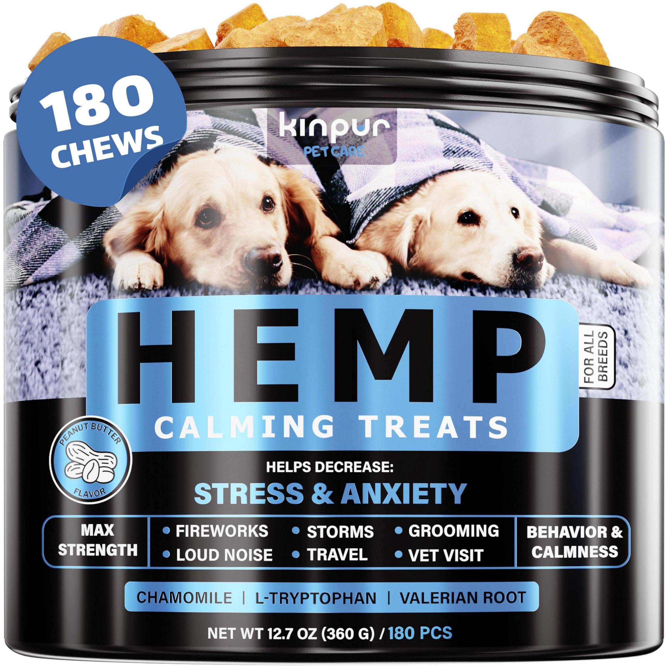 Kinpur Pet Care Calming Chews for Dogs with Hemp Oil - Aid During Thunderstorms, Separation, Car Rides - Hip and Joint Health - Tasty Dog Calming Treats, 180 Peanut Butter Flavored Chews