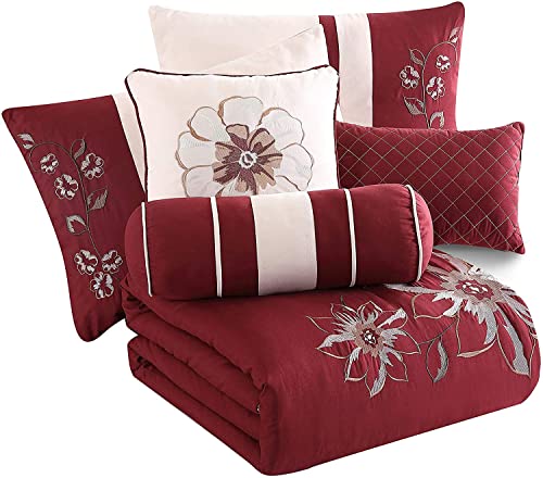 Chezmoi Collection Miranda 7-Piece Red Beige Floral Hibiscus Embroidery Comforter Set, California King