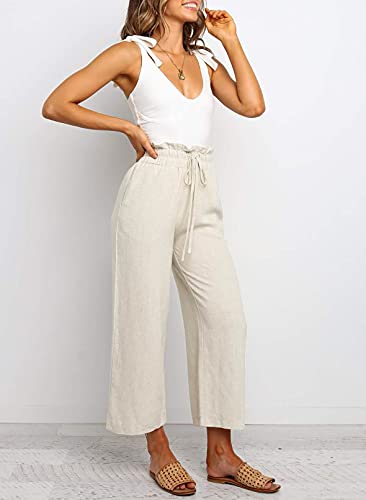 Dokotoo Womens Comfy Casual Loose Stretch Drawstring Tie Elastic Waist Solid Jogging Jogger Work Office Wide Leg Pants Sweatpants for Women with Pockets Khaki Medium