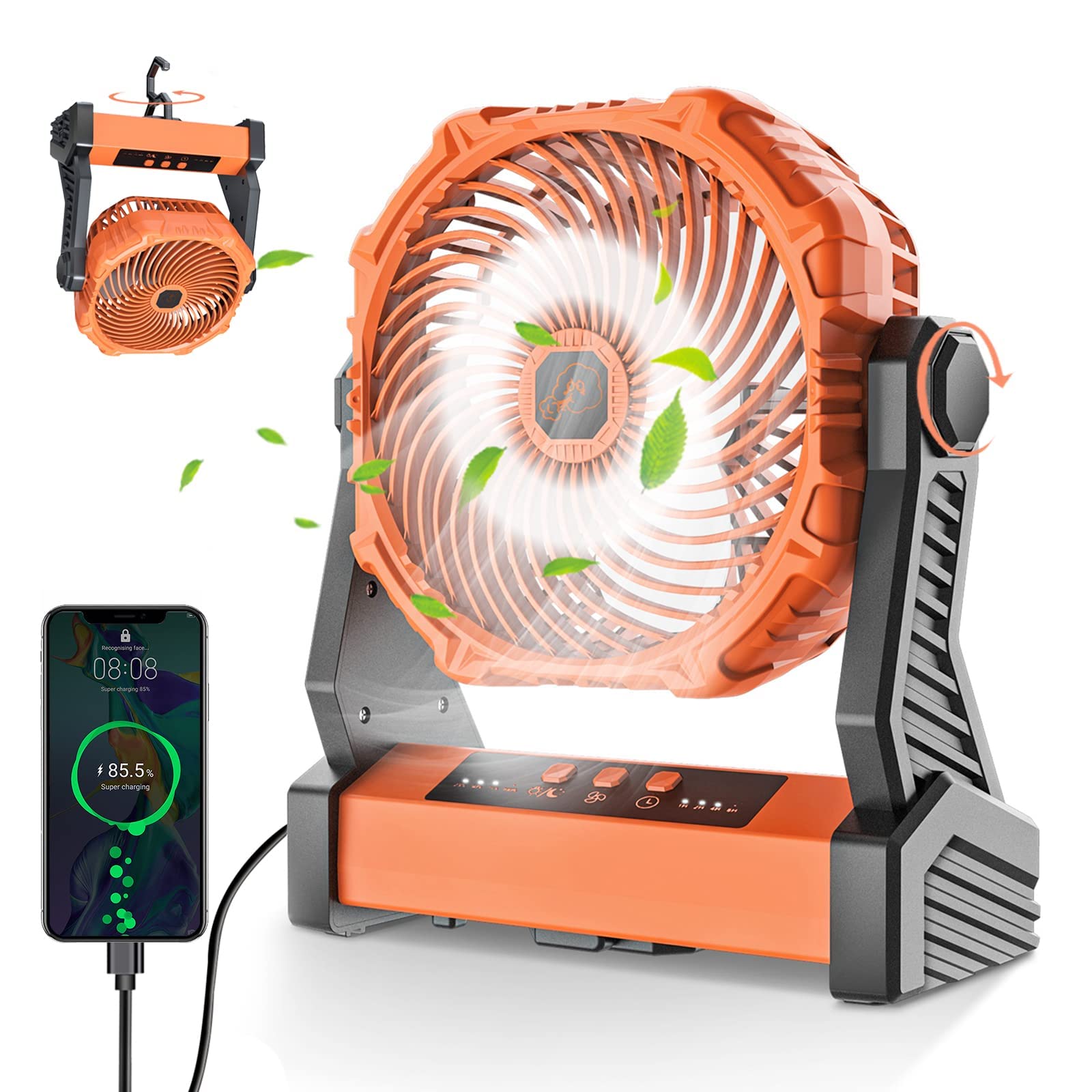 Portable Camping Fan Rechargeable, 10000mAh Battery Operated Fan with LED Lights & Hook, 8'' Battery Powered Desk Fan for Home Bedroom, 3 Speed Tent Fan for Camping, Barbecue, Fishing, Outdoor, Travel