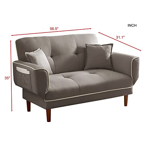 Convertible Futon Sofa Bed with 2 Pillows, Small Loveseat Sleeper Sofa Futon Couch, Recliner Couch with Adjustable Armrest and Wood Legs, Living Room Sofa with 5-Angle Backrest for Small Space (Grey)