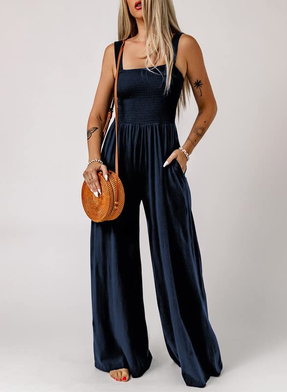 Dokotoo Womens Overalls Blue Jumpsuits for Women Casual Loose Fit Solid Color Wide Leg One Piece Sleeveless Jumpsuit Long Pant Rompers with Pockets Medium