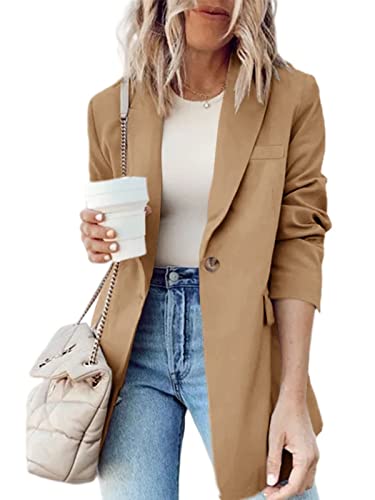 Cnkwei Womens Blazer for Work Casual Long Sleeve Lapel Collar Open Front Button Solid Color Blazer Jackets with Pockets Khaki
