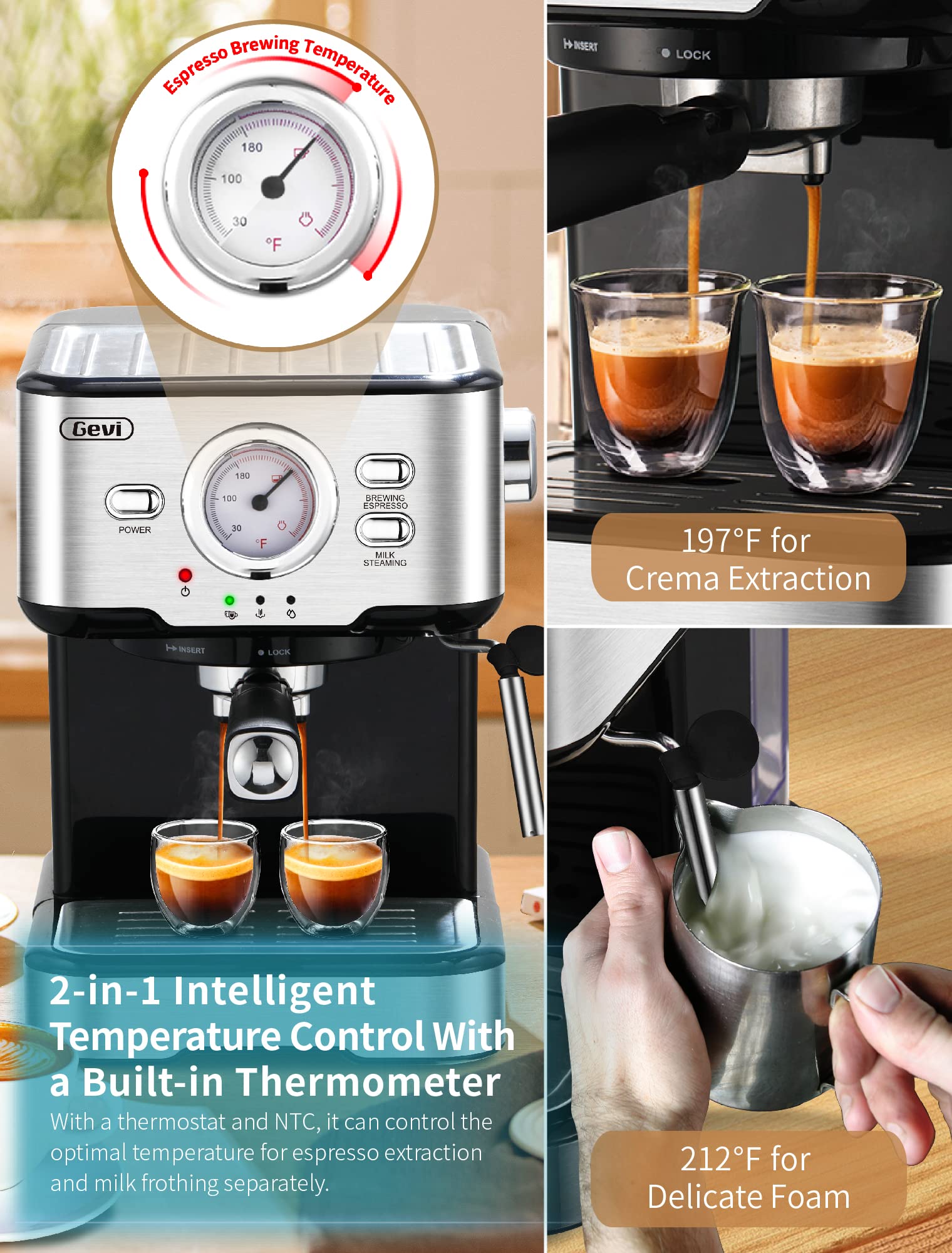 Gevi Espresso Machine 15 Bar Pump Pressure, Cappuccino Coffee Maker with Milk Foaming Steam Wand for Latte, Mocha, Cappuccino, 1.5L Water Tank (Carbon Black)