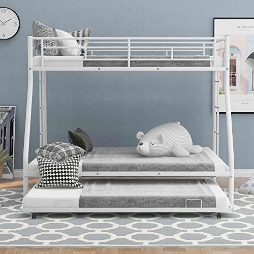 Cotoala Twin Over Full Metal Bunk Bed with Sturdy Steel Frame, Bunkbed with Twin Size Trundle, Two-Side Ladders, No Spring Box Required, White