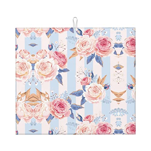 Flowers Stripe Printed Drying Mat For Kitchen Ultra Absorbent Microfiber Dishes Drainer Mats Non-Slip Silicone Quick Dry Pad - 18 X 16inch