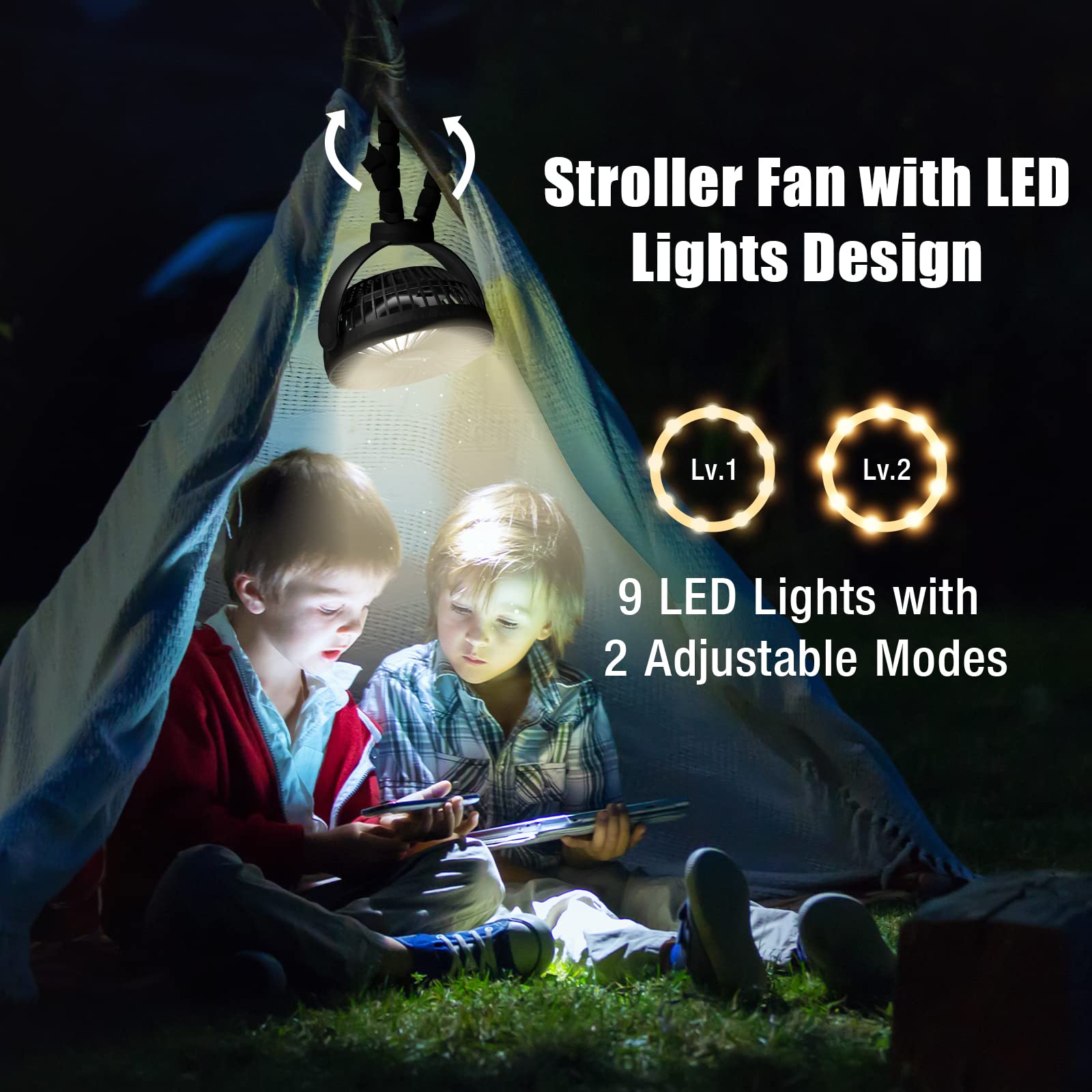 Portable Stroller Fan 65 Working Hours, Small Fan with LED Lights, 12000 Capacity Battery Operated Fan with Tripod Legs, Rechargeable USB Fan, Peloton Fan for Treadmill, Camping, Travel, Bed(Black)