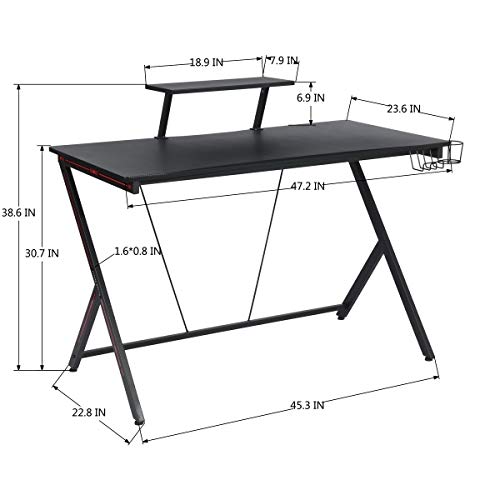 FurnitureR 47'' Gaming Desk with Monitor Stand Computer Gaming Table Home Office Desk with Cup Holder and Headphone Hook, Modern Simple Gamer Game Table, Black