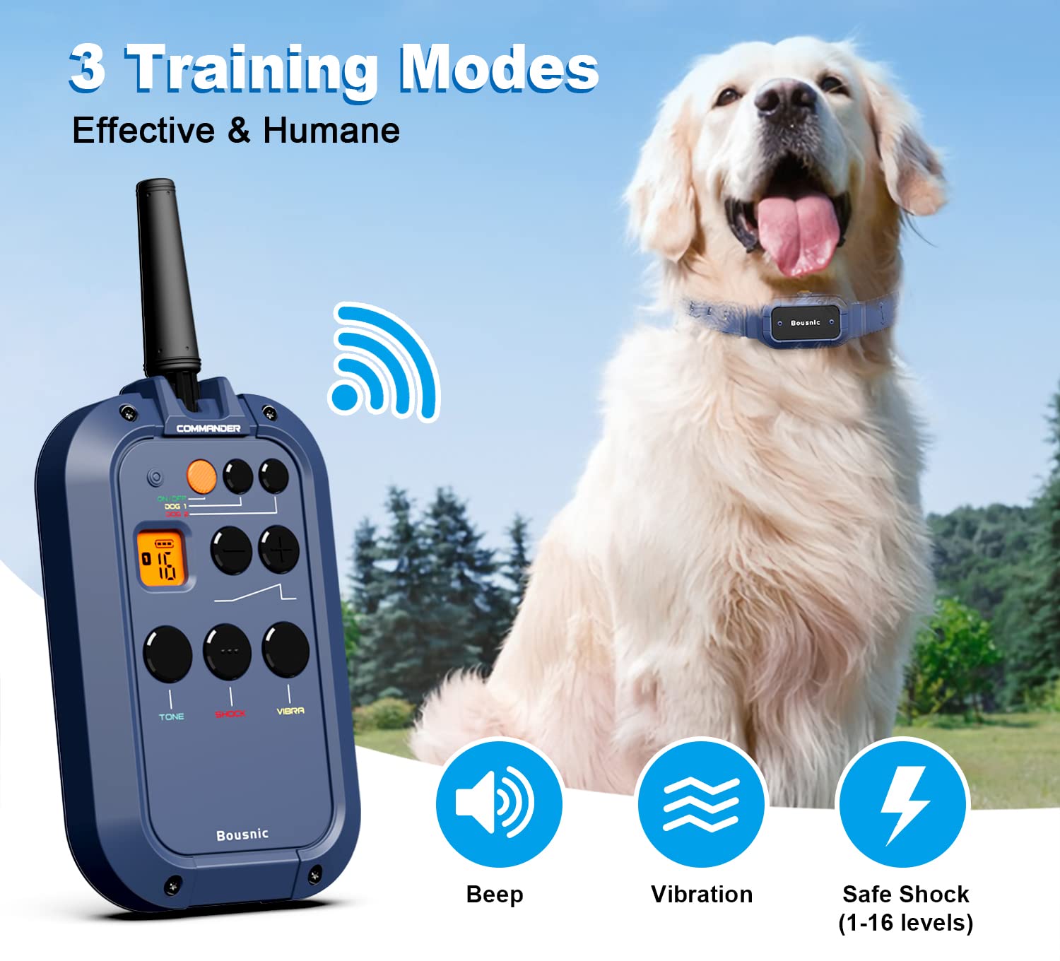 Bousnic Dog Shock Collar with Remote - ¾ Mile Electronic Training Collar for (15-140lbs) Medium Large Dogs, Waterproof Rechargeable Dog E Collar with 3 Modes, Beep, Vibration, Safe Shock(1-16 Levels)