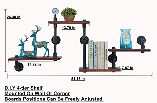 DOFURNILIM Industrial Rustic Wall Wood Pipe Ladder Floating Shelves - DIY Modern Storage Shelving Bookshelf for Bathroom Kitchen Office Home – Steampunk Bookcase (Floating Ladder shelves-51.18“W)