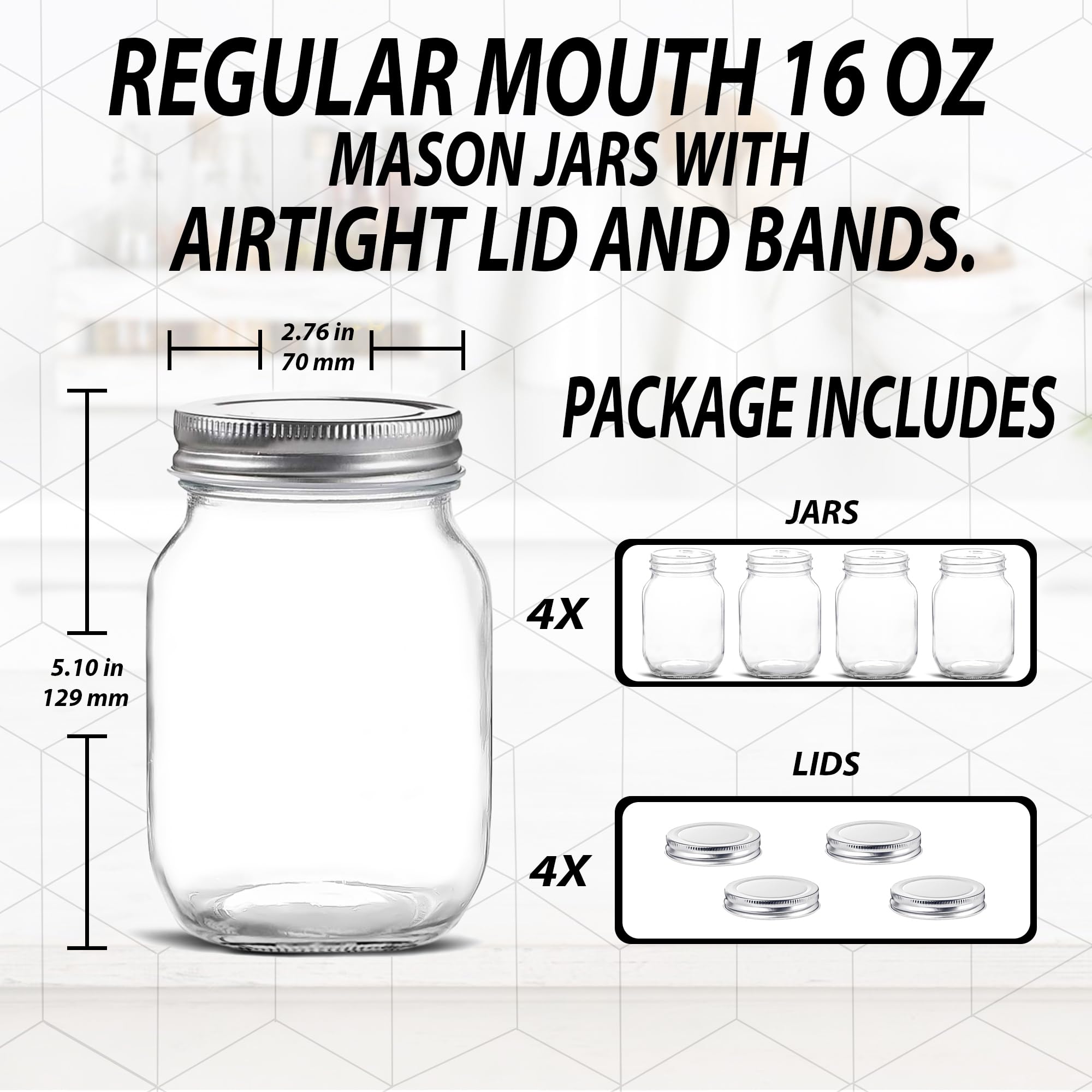 Glass Regular Mouth Mason Jars, 16 oz Clear Glass Jars with Silver Metal Lids for Sealing, Canning Jars for Food Storage, Overnight Oats, Dry Food, Snacks, Candies, DIY Projects (4 PACK)