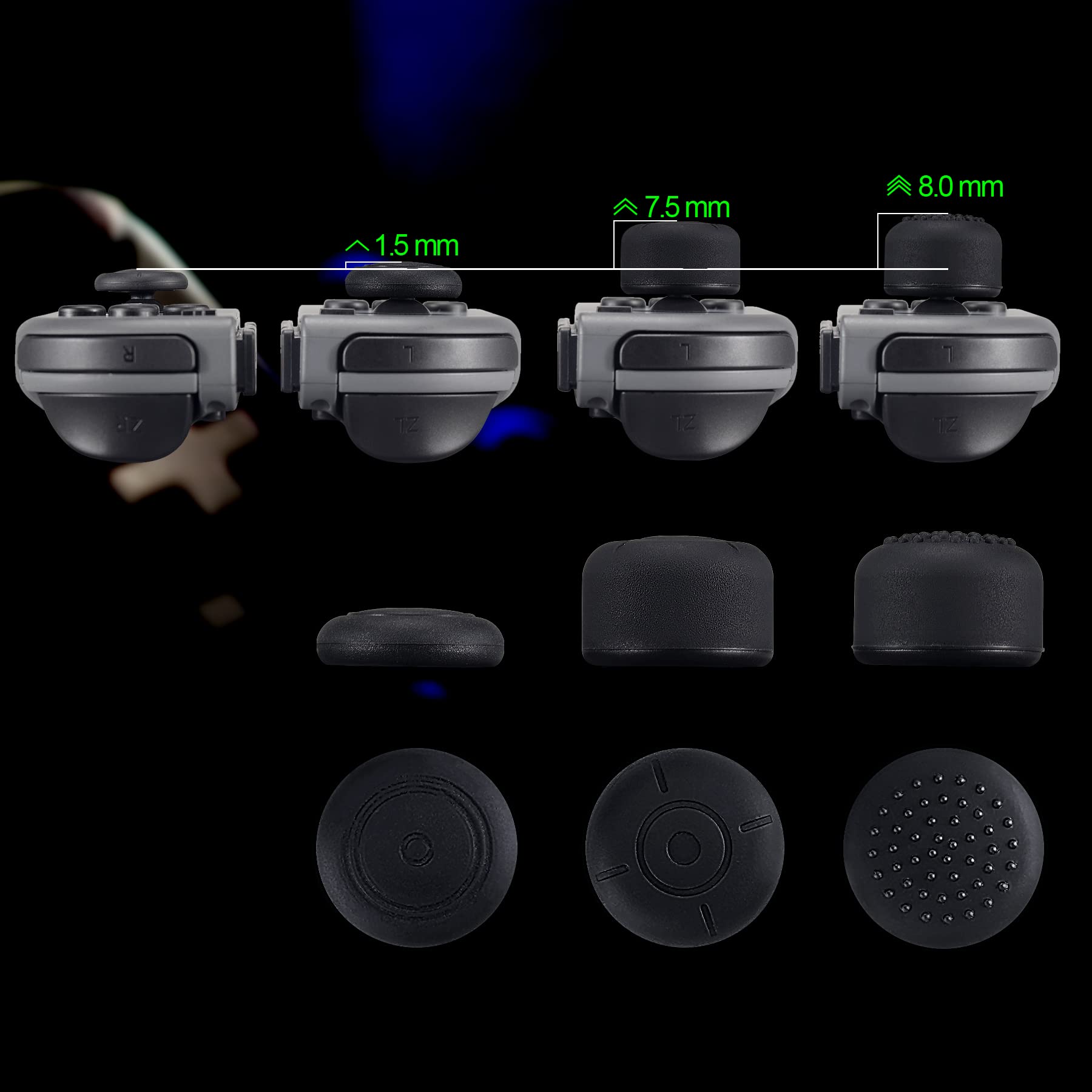 eXtremeRate 3 Pairs Anti-Slip Black Silicone Extended Length Thumb Grips Thumbstick Caps Case Cover for Nintendo Switch Joy-Con & Switch OLED Joy con, Jostick Cover Caps for Nintendo Switch Lite
