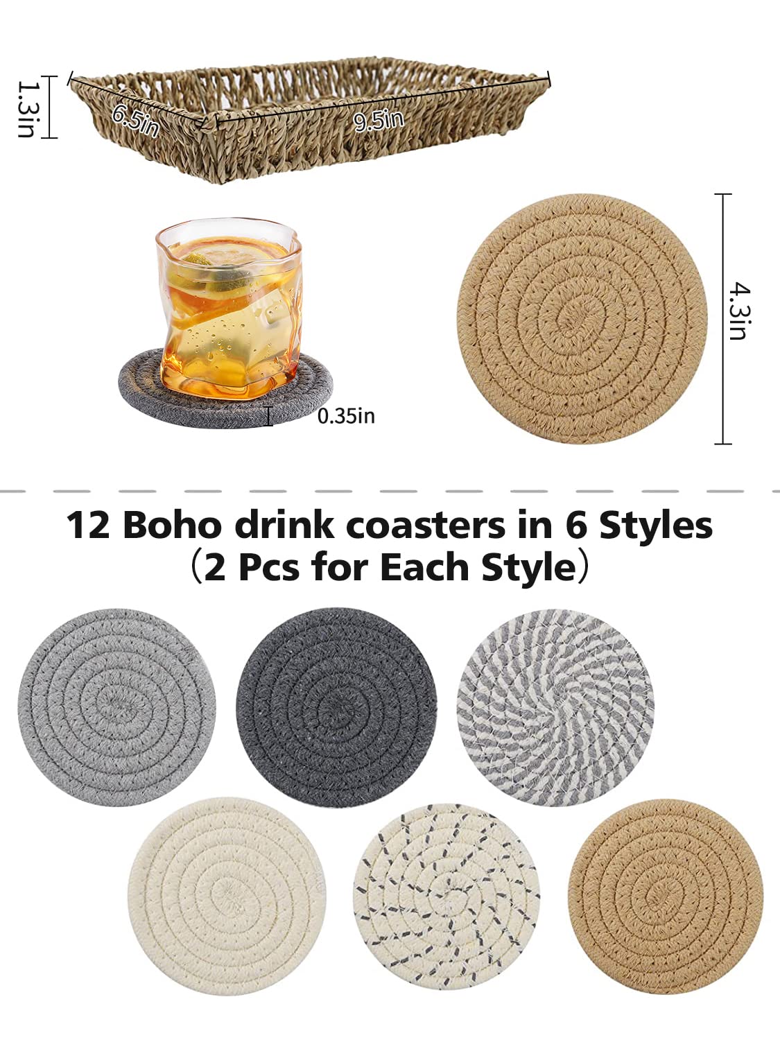 Boho Drink Coasters & Seagrass Basket Holder Set, 6 Styles 12 Pcs Handmade Braided Absorbent Coasters for Drinks, Hand Woven Seagrass Wicker Basket, Heat-resistant Woven Coasters for Table Home Decor