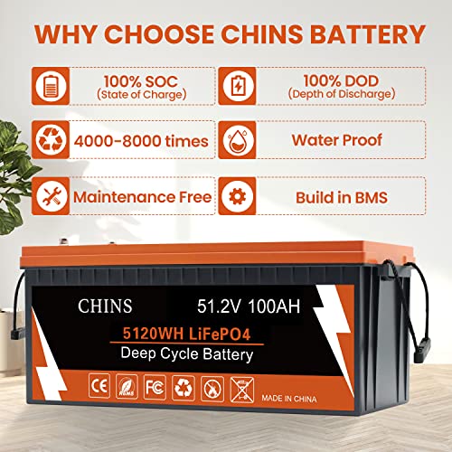 CHINS Bluetooth LiFePO4 Battery,48V 100Ah Smart Lithium Battery,Perfect for Golf Cart, Trolling Motor, Boat, RV, Solar, Home Energy Storage, Backup Power and Off-Grid etc, Peak Current 500A.