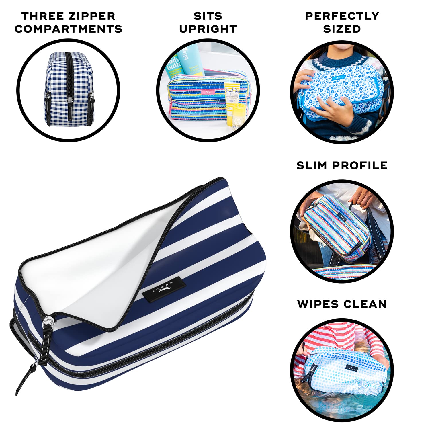 SCOUT 3-Way Bag - Travel Makeup Pouch and Toiletry Bag for Women with Three Zipper Compartments - Stands Upright, Wipes Clean