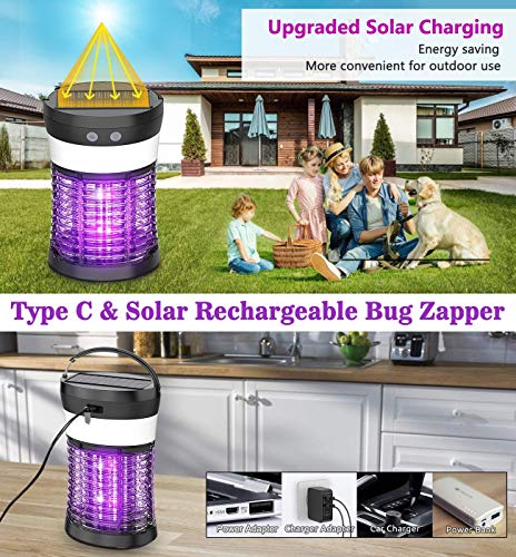 Bug Zapper, Portable LED Flashlight Bug Zapper Lamp, with Solar and USB Rechargeable Battery, SOS Emergency, with 3 Lighting Modes for Camping, Hiking, Backyard , Patio , Office and Traveling