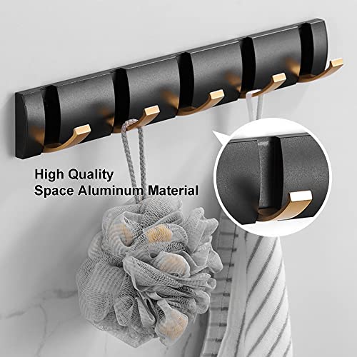 DMYMAT Coat Rack Wall Mounted with 5 Folding Hooks, 15.8 Inch Space Saving Wall Coat Hook, Black Gold Towel Hooks for Bathroom, Bedroom, Entryway, Hats, Scarves, Umbrella and Keys