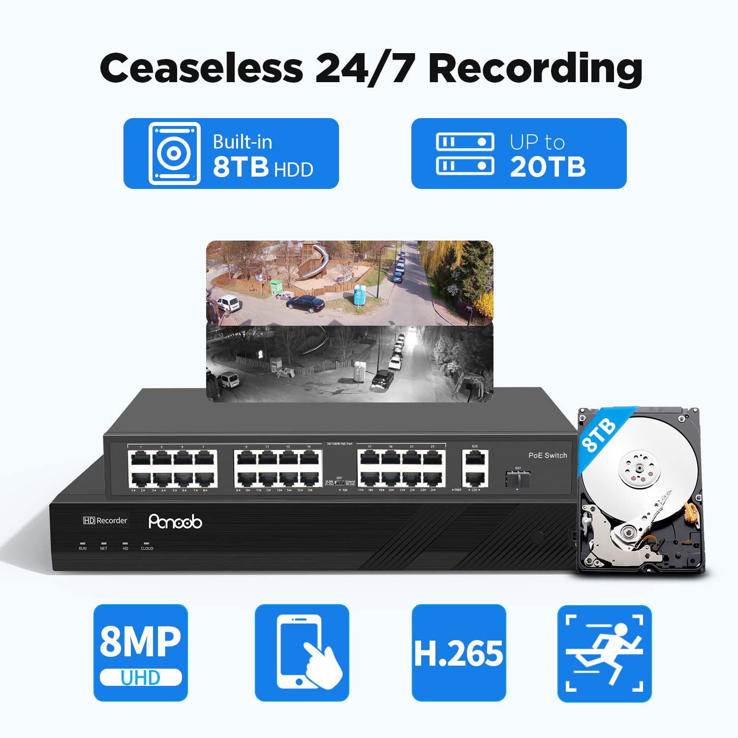PANOOB 32 Channel PoE Security Camera Systems, 4K/8MP NVR w/8TB HDD - 24pcs 4K 8MP(3840x2160) 3.6mm HD Human Detection Wired Surveillance IP Cameras for 24/7 Business Video Audio Recording