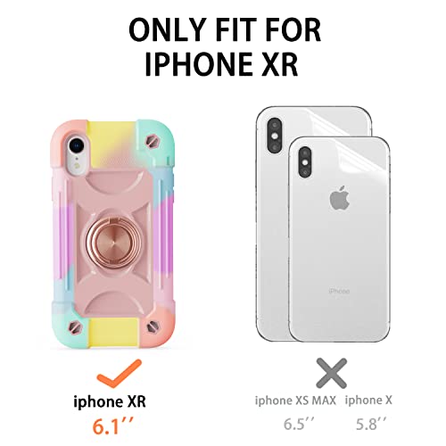 Cookiver for iPhone XR Case 6.1 Inch with Ring Stand, with 2 Pack Glass Screen Protector,Heavy-Duty Shockproof Rugged Military Grade Cover with Magnetic Car Mount for iPhone XR (Rainbow Pink)