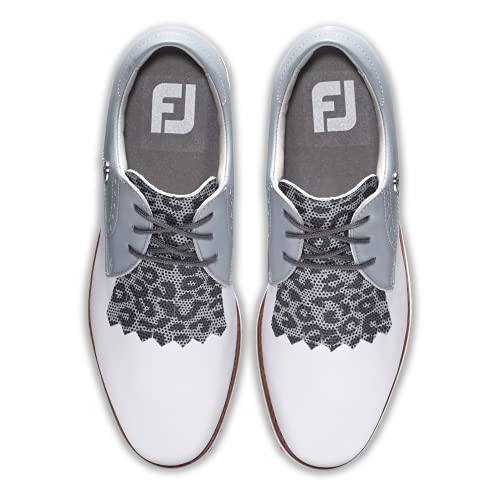 FootJoy Women's Sport Retro Previous Season Style Golf Shoe, White/Grey/Leopard, 9