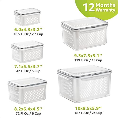 COCOYA 5-Pack Large Fruit Containers for Fridge, Leakproof Produce Storage Keeper with Removable Colander Food Grade BPA FREE Keep Vegetables Berry Veggies Lettuce Apple Banana Meat Food Fresh Longer