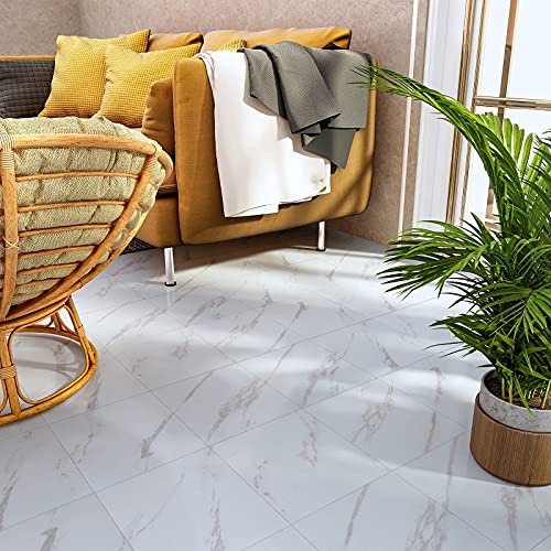 CHICHOME 16 Pack Peel and Stick Floor Tile Bathroom Waterproof White Marble Floor Tiles 12x12 Inch Self Adhesive Vinyl Flooring Removable Sticky Tiles Decorative for Floor Kitchen Bedroom Living Room