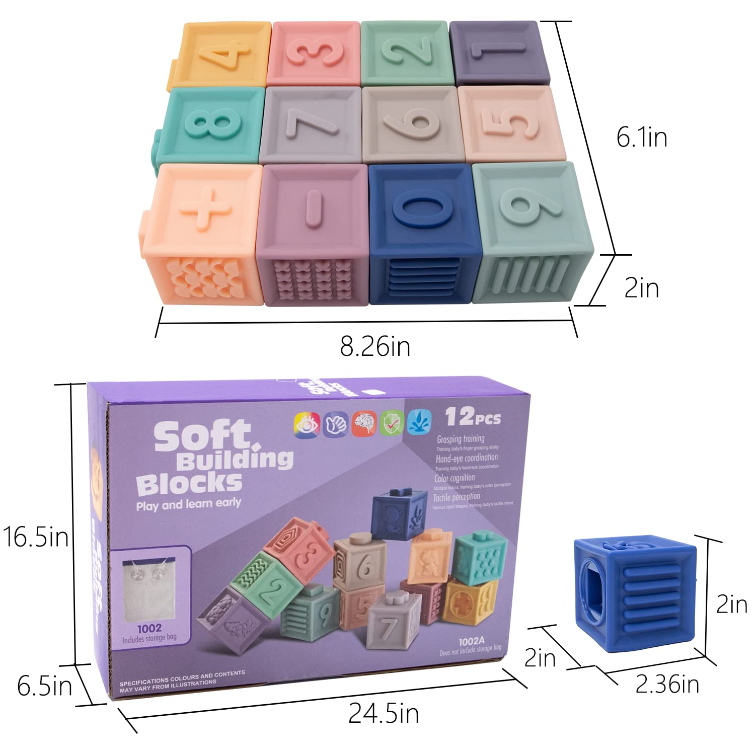 Maikerry 12PCS Blocks,Soft Stacking Blocks Bath Toys,Squeeze Play with Animals, Shapes, Textures, Numbers,Fruit,Early Educational Learning Stacking Blocks Tower, Best Gift for Toddlers