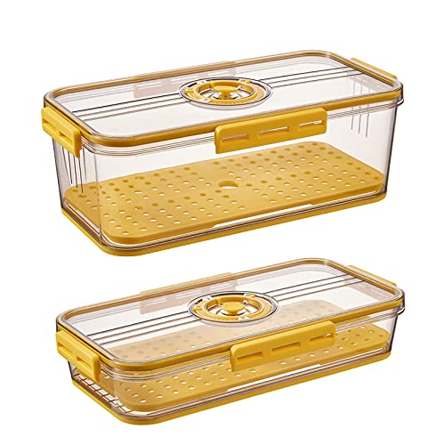 CottonColors Refrigerator Organizer Bins Superior Food Storage Container with Freshness Timer Lid, Drain Tray - Fits for Fruits,Vegetable,Meat,Dumpling,2 Rectangle Sets