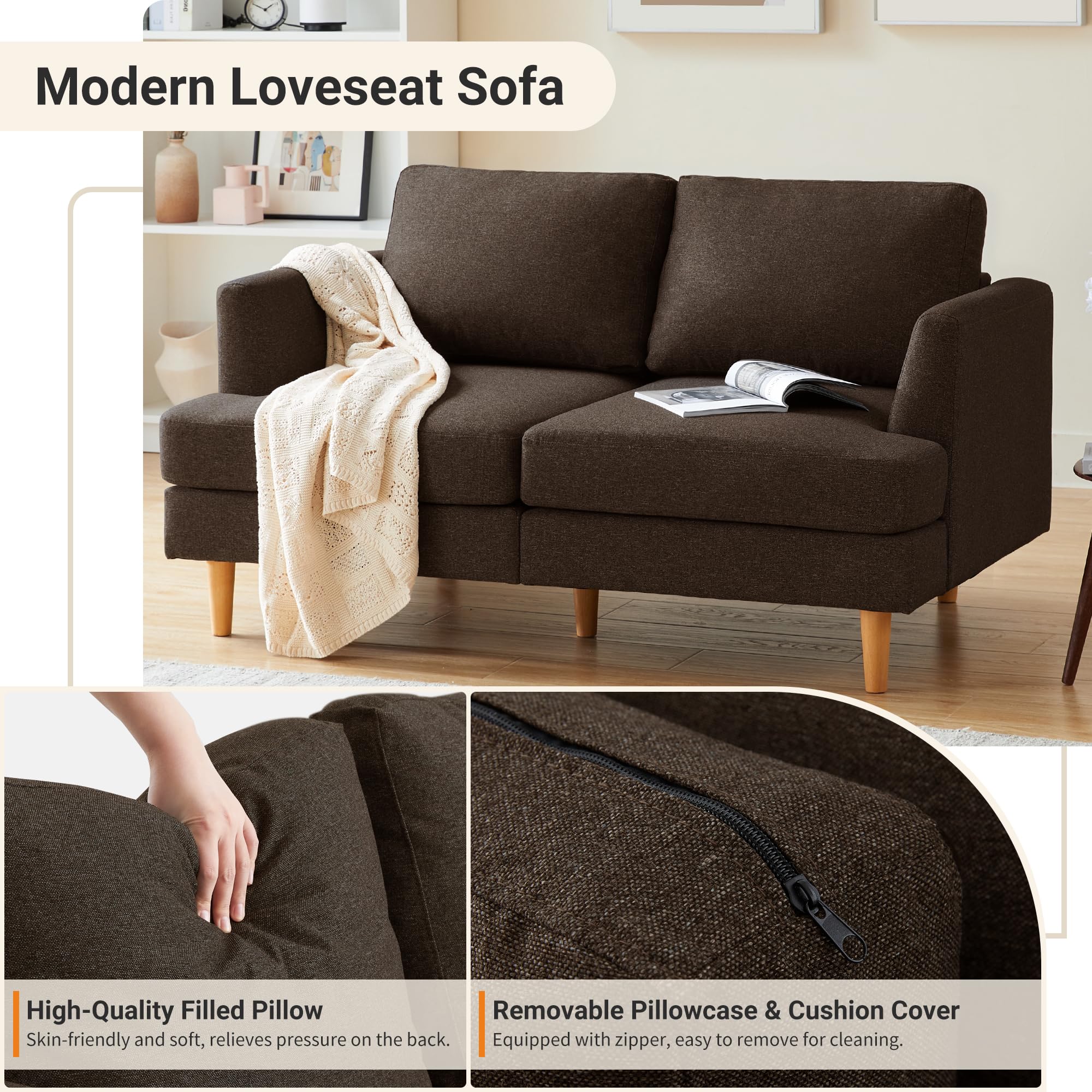 Busaurus Loveseat Sofa 65" Mid Century Modern Small Couches for Small Spaces Love Seat with 2-3 Seat Upholstered Cushion Sofa Couches for Bedroom Small Couch for Living Room Apartment (Brown)